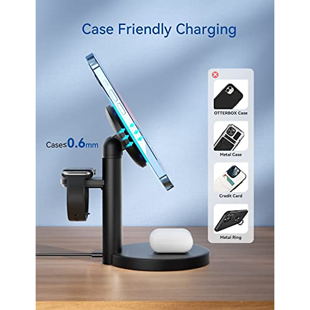 ELEGRP Magnetic Wireless Charger Station, Magesafe Charger 3 in 1 with 18W Adapter, for iPhone 14 (Plus/Pro/Pro Max), iPhone 13&12 (Mini/Pro/Pro Max), iWatch, Airpods/Samsung Headset (Black)