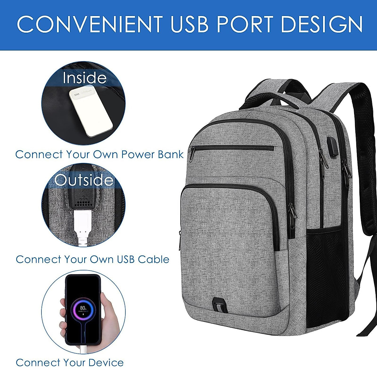 42L Extra Large Backpack, Anti Theft TSA Flight Approved Laptop Backpack for Men Women, 17.3 Inch Business Computer Backpack with USB Port, Water Resistant Teacher Nurse Travel Weekender Daypack, Grey