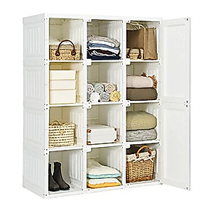 Tangkula Portable Wardrobe Closet, Foldable Clothes Organizer w/Cubby Storage, Hanging Rods, Magnet Doors, Safe Material, Easy Assemble Clothing Storage, Folding Bedroom Armoire (12 Cubbies)