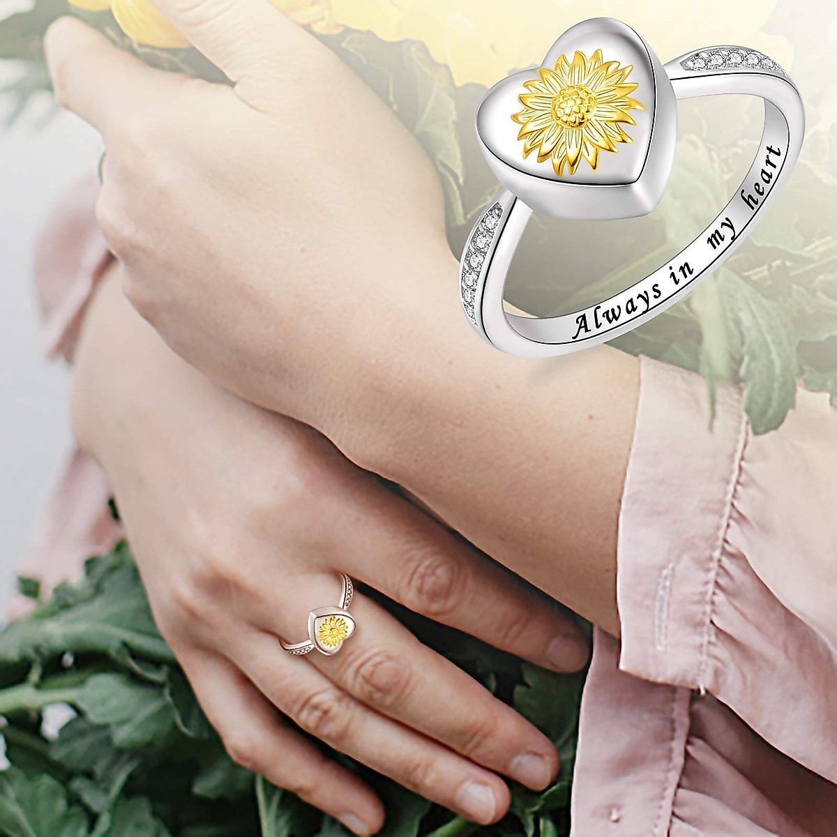 Fookduoduo Sterling Silver Sunflower Urn Ring Creamation Jewelry for Ashes Always in My Heart Urn Finger Rings for Women for Remembrance Keepsake Gift for Loss of Loved Furry Friend (7)