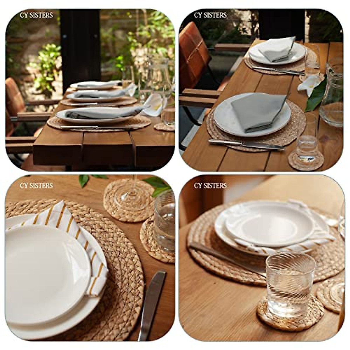 CY SISTERS Round Placemats Set of 6 Rattan Placemats Woven Placemats 13.5 Inch Natural Hyacinth Wicker Placemats Farmhouse Boho Circle Braided Heat Resistant Outdoor Placemats Patio Table Place Mats
