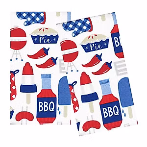 SeasonsEasy Patriotic Kitchen Towels Set of 2 American BBQ Cookout Theme Dual-Sided Cotton July 4th Labor Day