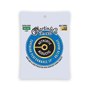 Martin Authentic Acoustic Guitar Strings, Superior Performance Extra Light 10-47 80/20 Bronze, 3 Pack