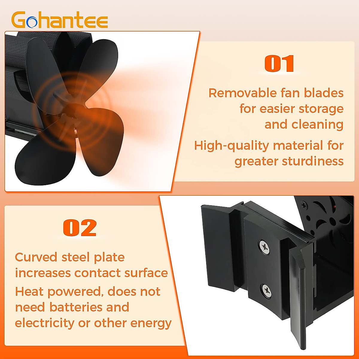 gohantee Heat Powered Stove Fan 4 Blades, Flue Pipe Hanging Fireplace Fan for Wood Logs Burners Fireplace Eco Friendly Efficiently Wood Stove Pipe Fan with Thermometer