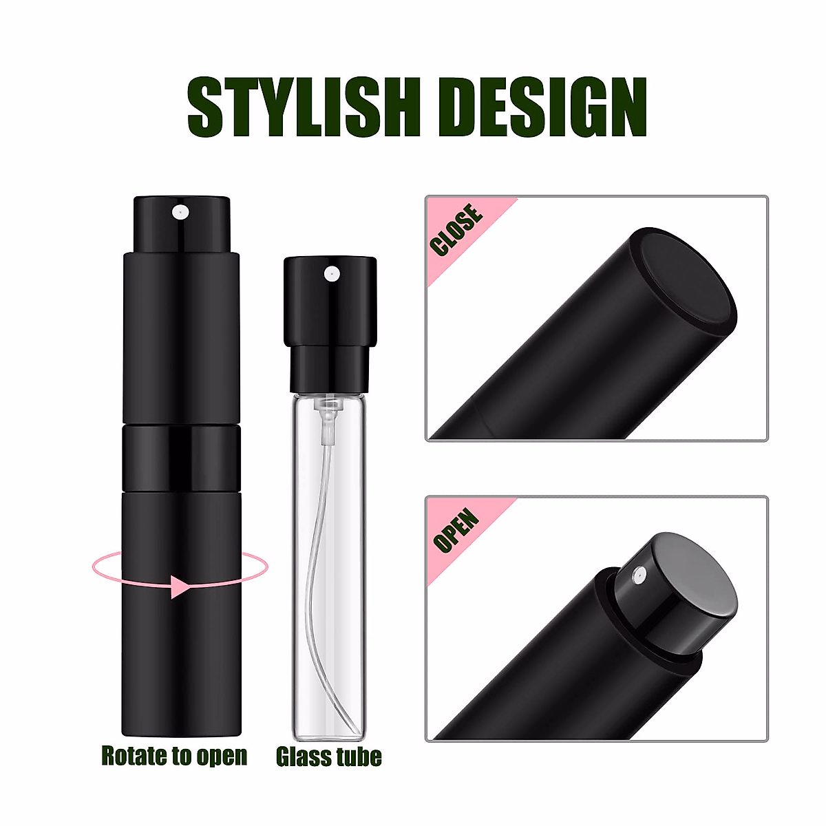 IRON BILL 2 PCS/8ml Portable Mini Perfume Atomizer bottles, Empty Refillable Spray Bottle with 3 Types of Refill Tools, Pocket Travel Perfume Sample Bottles(Matte Black&Silver)