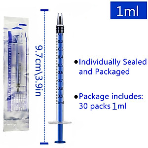 20 Pack 1ml Syringe without Needle with Cap, Sterile Individual Wrap for Scientific Labs, Feeding Pets, Liquid Measuring or Refilling Multiple Uses Tools