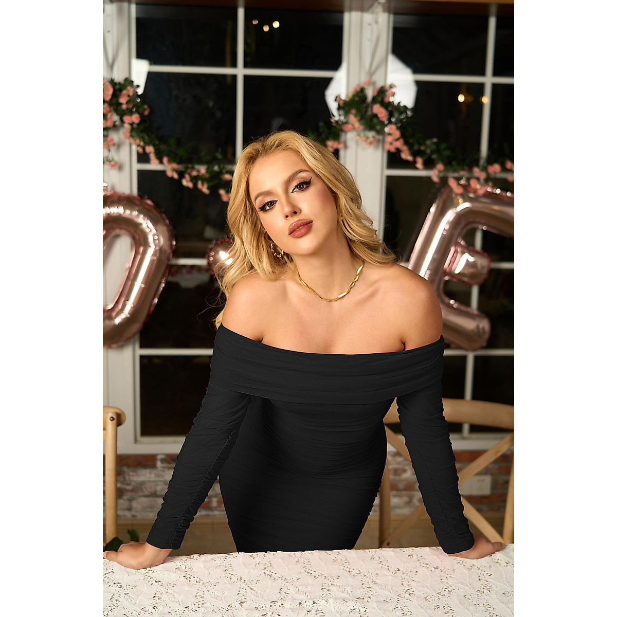 GOKATOSAU Women's Sexy Elegant Ruffle Long Sleeve Off Shoulder Ruched Party Mini Dress Black