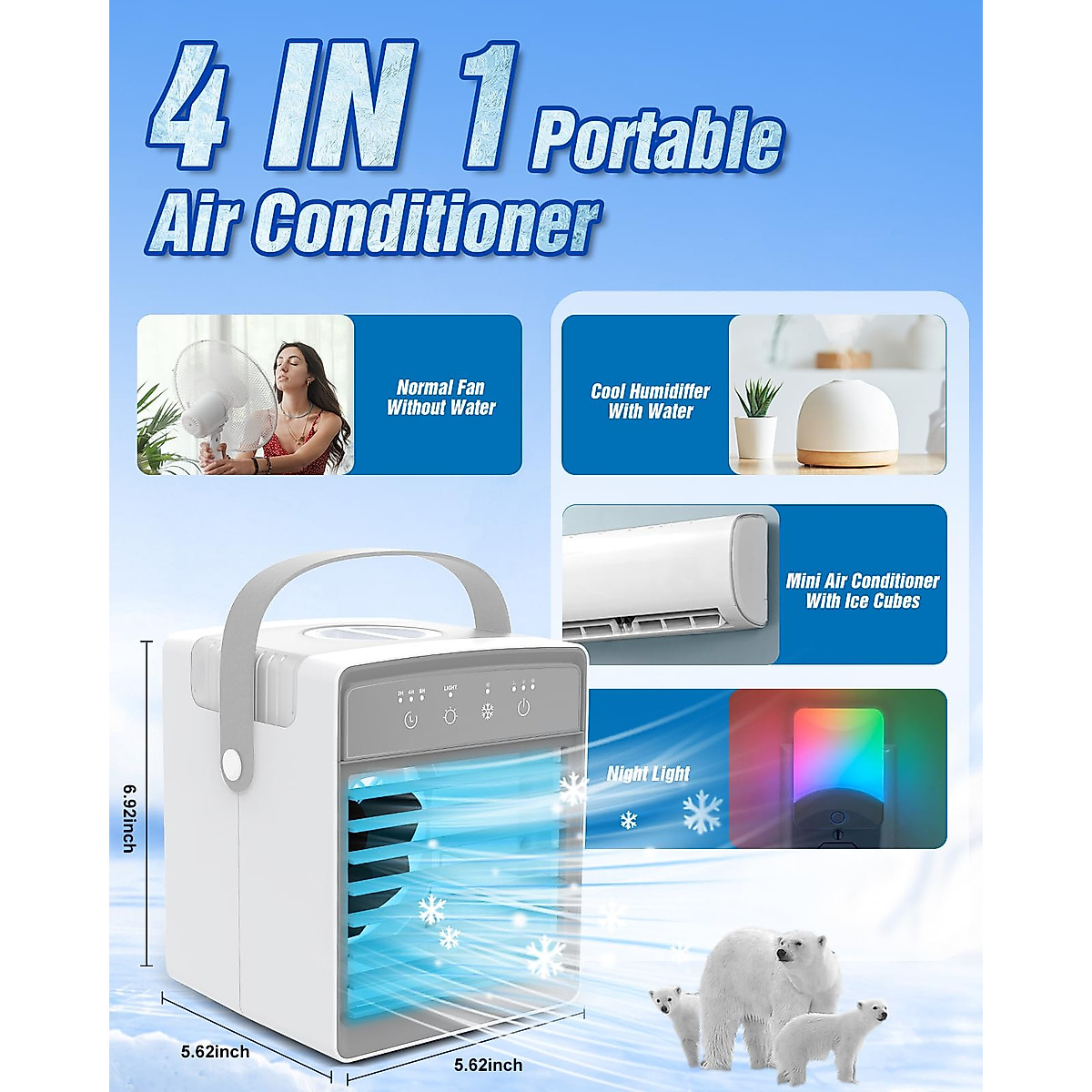 Portable Air Conditioners, 3 Wind Speeds & 7 LED Lights Evaporative Personal Air Cooler, 4 in 1 Portable AC with 300ml Large Water Tank, Mini Air Conditioner for Bedroom/Car/Home/Camping/Room