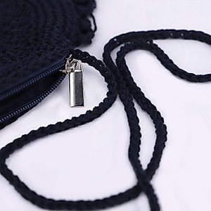 QTKJ Boho Long Cotton Tassels Crochet Flower Mini Crossbody Bag Handwoven Summer Beach Round Shoulder Bag with Zipper (Navy Blue)