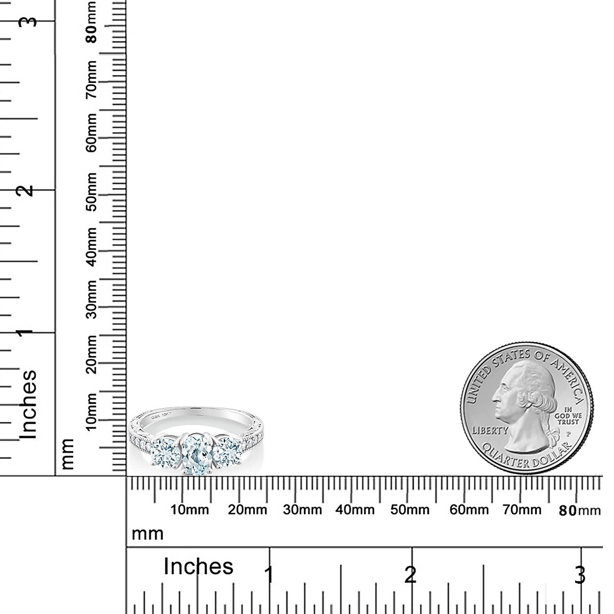 Gem Stone King 10K White Gold Sky Blue Aquamarine and White Lab Grown Diamond 3 Stone Engagement Ring For Women (1.79 Cttw, Oval Gemstone March Birthstone, Available in size 5, 6, 7, 8, 9)