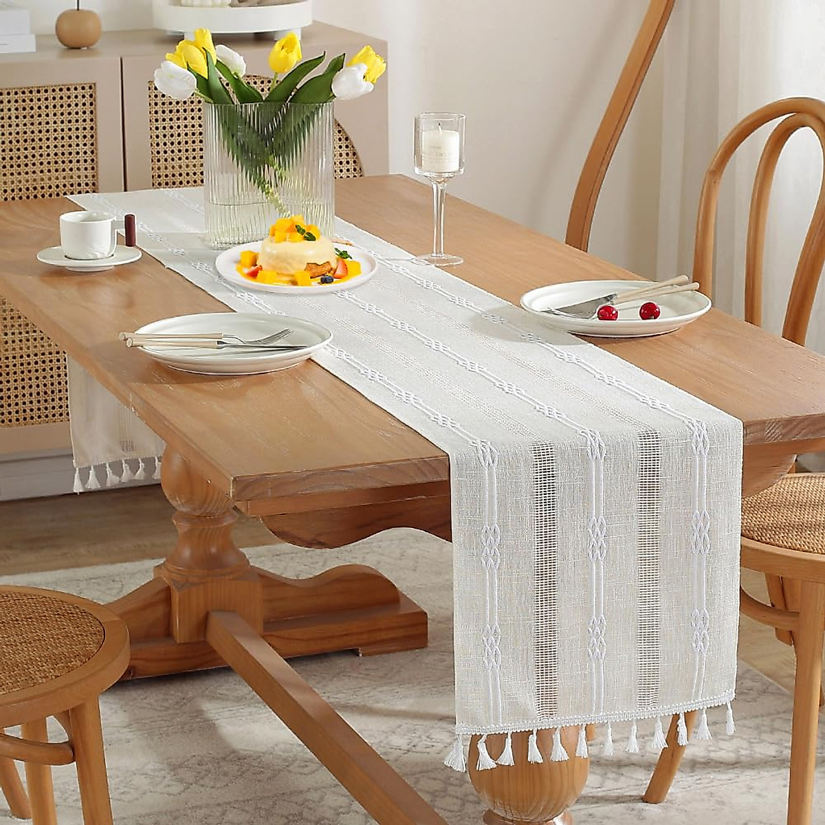 AUAUY Table Runner with Handmade Tassels, Boho Style Beige Weave Stripes Polyester Fabric Table Runner, Macrame Table Decoration for Holiday Party Dining Wedding and Everyday Use(13*70.87in)