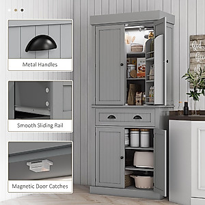 HOMCOM 71" Kitchen Pantry Cabinet with Motion Sensor Light, Tall Storage Cabinet with 6 Door Shelves, a Drawer & 4 Adjustable Shelves, for Living Room, Dining Room, Gray