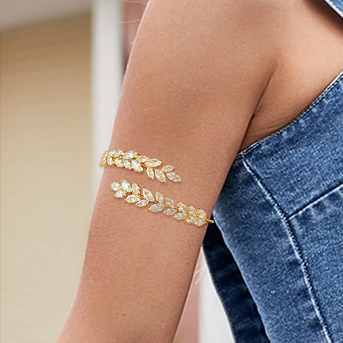 ELABEST Rhinestone Arm Cuff Bracelets Leaf Arm Cuff Bracelet Leaves Bracelet Cuff Armband Bangle Adjustable Upper Arm Cuff Jewelry for Women (Gold)