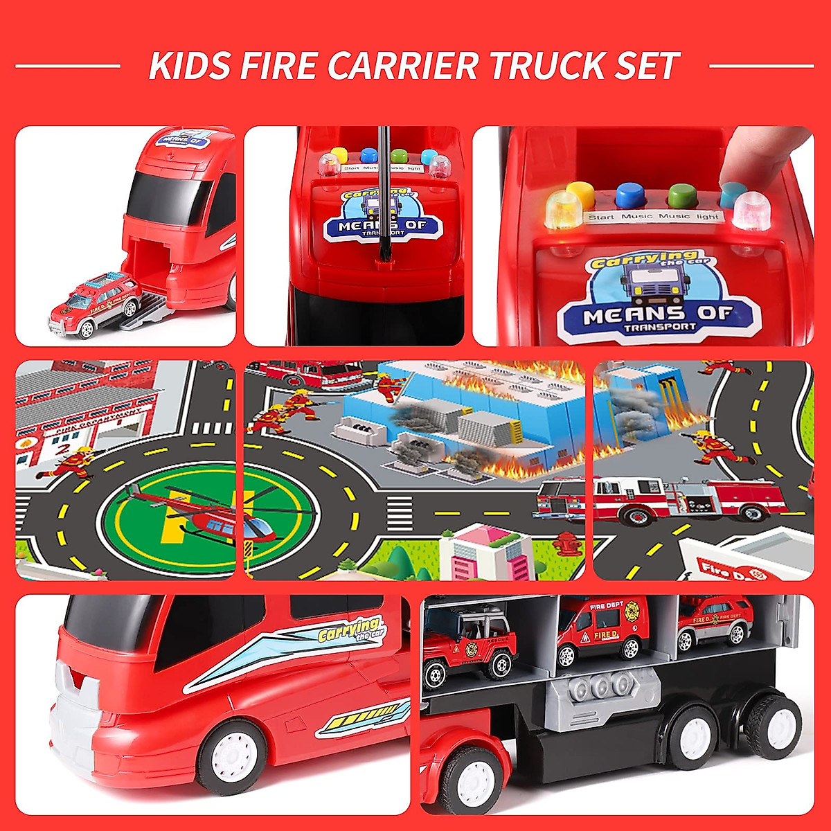 PANITU Firefighter Toys Die-cast Large Fire Truck Toy Set with Game Mat,Rescue Emergency in Carrier Truck with Sound and Light，Play Vehicle Set for Age 3 4 5 6 7 Years Old Boys Girl Gift Red