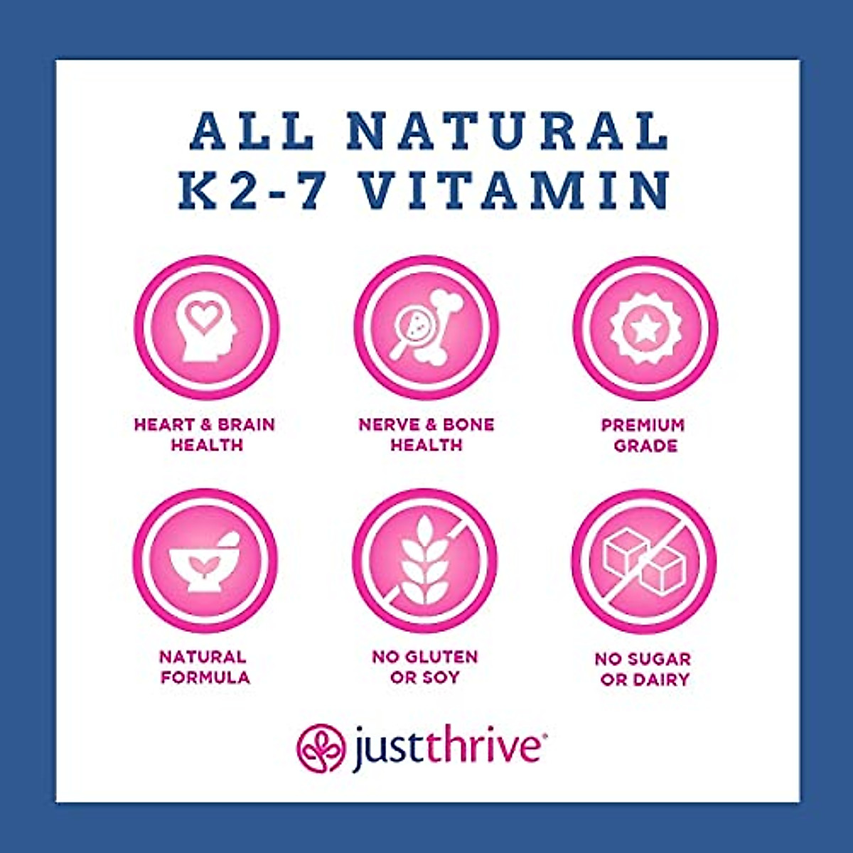 Just Thrive: Vitamin K2-7 - Bone and Heart Health Supplement with Magnesium, Zinc and Menaquinone-7-30-Day Supply - 320 mcg with Ultra Absorption - Support Teeth, Circulation, Brain and Nerve Health
