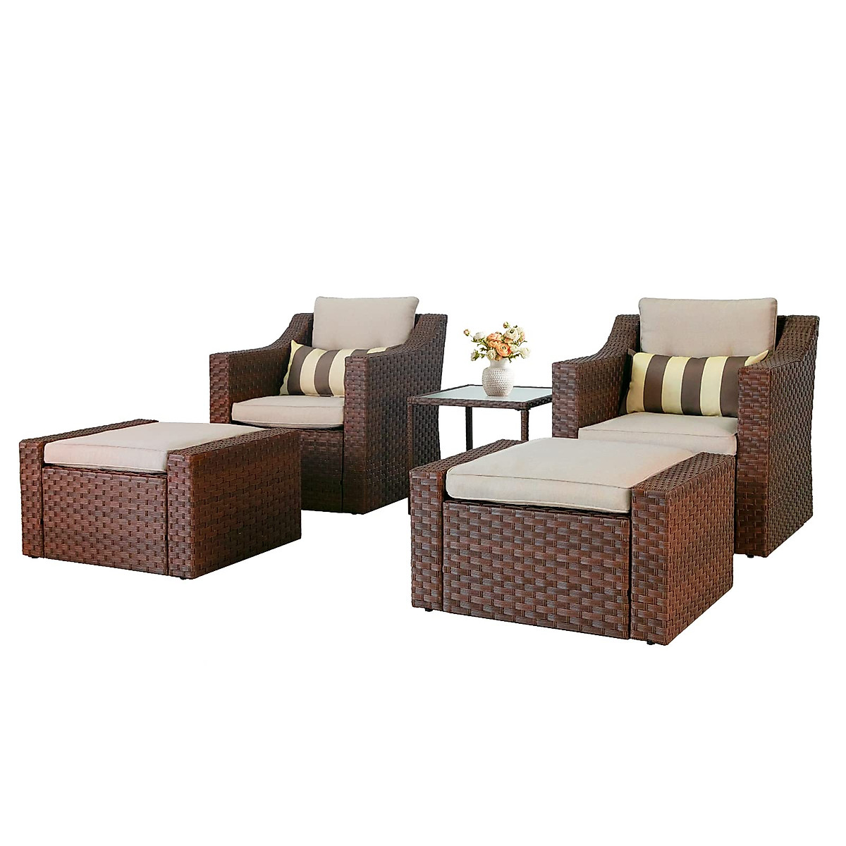 Brightpeak 5 Piece Patio Conversation Set, Outdoor Furniture Set, Brown Wicker Lounge Chair with Ottoman Footrest, W/Coffee Table & Beige Cushions for Garden, Patio, Balcony, Deck