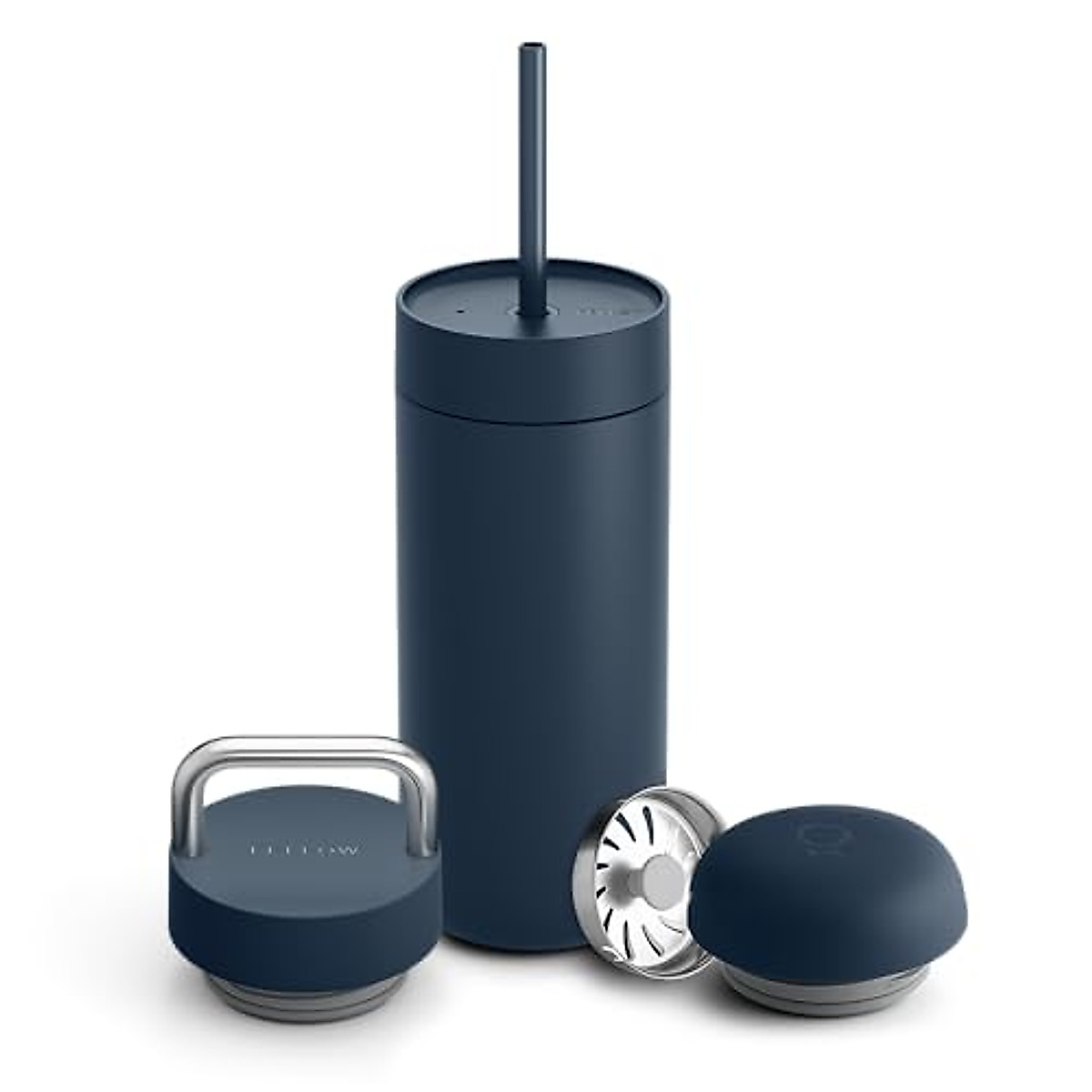 Fellow 16 oz Carter Bundle (3 in 1) Travel Mug with Carry Handle, Move & Cold Lids with Straw - To-Go Coffee Tumbler, Ceramic Interior & Vacuum-Insulated Stainless Steel - Coffee Cups-Stone Blue