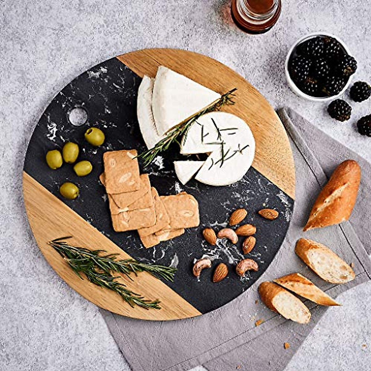 12inch Marble Cheese Board with Acacia Wood Accent - Charcuterie Board for Two - Round Marble and Wood Cheese Board - Marble Cutting Board