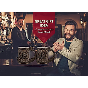 WOKHACH Medieval Viking Mug Beer Stein Tankard,Stainless Steel Drinking Tankard Mug Coffee Cup,Norse Mythology Poetic Gothic Decor Party Decoration Drinkware Gift for Men18OZ(Drakkar Warrior)