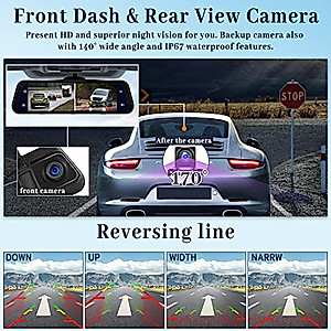 9.66" Mirror Dash Cam Front and Rear with Wireless CarPlay Android Auto Rear View Mirror Camera for Cars & Trucks, Enhanced Night Vision, IPS Touch Screen, Voice Control, Dual Cameras+32G Card, 7V-36V