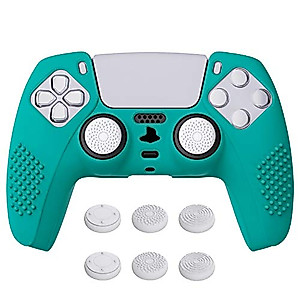 PlayVital Aqua Green 3D Studded Edition Anti-Slip Silicone Cover Skin for ps5 Controller, Soft Rubber Case for ps5 Wireless Controller with 6 White Thumb Grip Caps