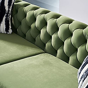 Melpomene Modern Button Tufted Velvet Sofa, Chesterfield Sofa with Square Arm,Gold Metal Legs and 2 Throw Pillows for Living Room(Mint Green)