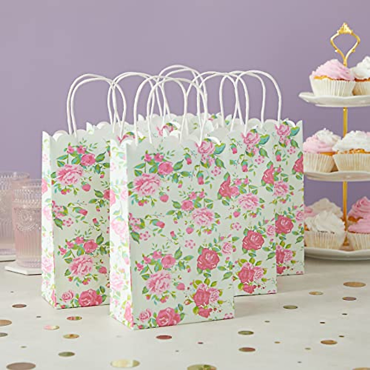 BLUE PANDA 24 Pack Small Floral Gift Bags with Handles for Mothers Day, Birthday, Wedding, Baby Shower, Themed Party Favors (5 x 8.5 x 3 In)