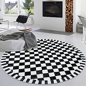 Lacomfy Checkered Rug 5.2Ft Round Modern Rug Circle Buffalo Plaid Check Bedroom Carpet Nonslip Farmhouse Floor Mat Washable Checkerboard Area Rug for Living Room Home Decor, Black