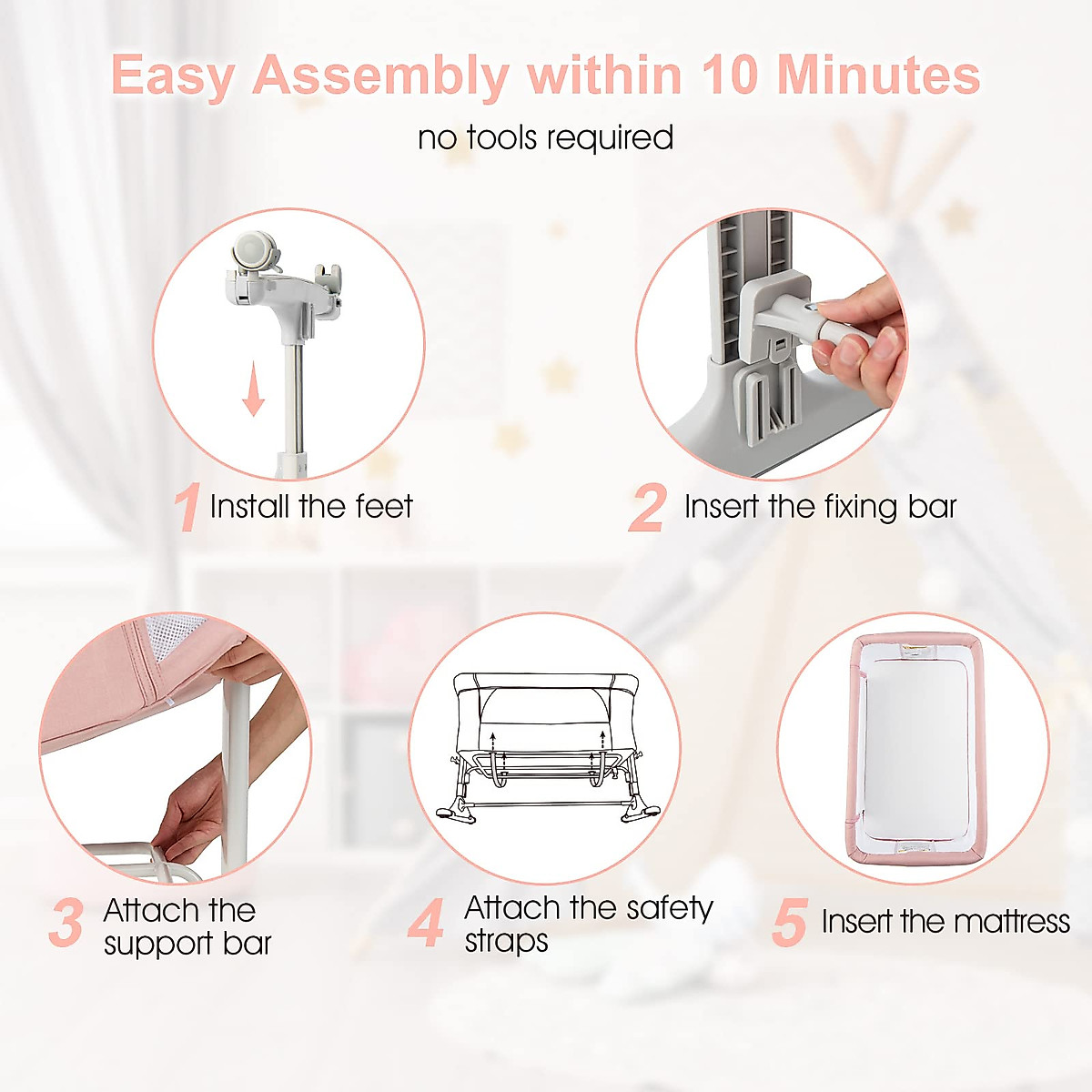 INFANS 3 in 1 Baby Bassinet, Bedside Sleeper for Newborn, Folding Crib with Mattress, Travel Bag, Wheels, 4-Sided Mesh, Easy to Assemble Cradle Co Sleeper Stationary, Rock (Pink)