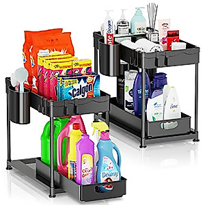 MERRYBOX 2 Pack Under Sink Organizers and Storage, Sliding Under Bathroom Cabinet Organizer, 2 Tier Kitchen Under Sink Organizer Pull Out Drawer with 8 Hooks, 2 Hanging Cups, 8 Non-Slip Feet, Black