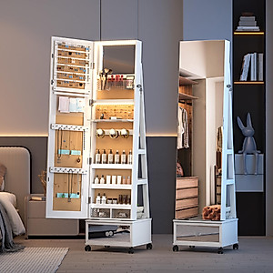 Vlsrka 360° Swivel Jewelry Mirror Cabinet with Lights, Standing Jewelry Armoire Organizer Rotatable Full Length Mirror with Jewelry Storage, Lockable with Rear Storage Shelves, Built-in Makeup Mirror