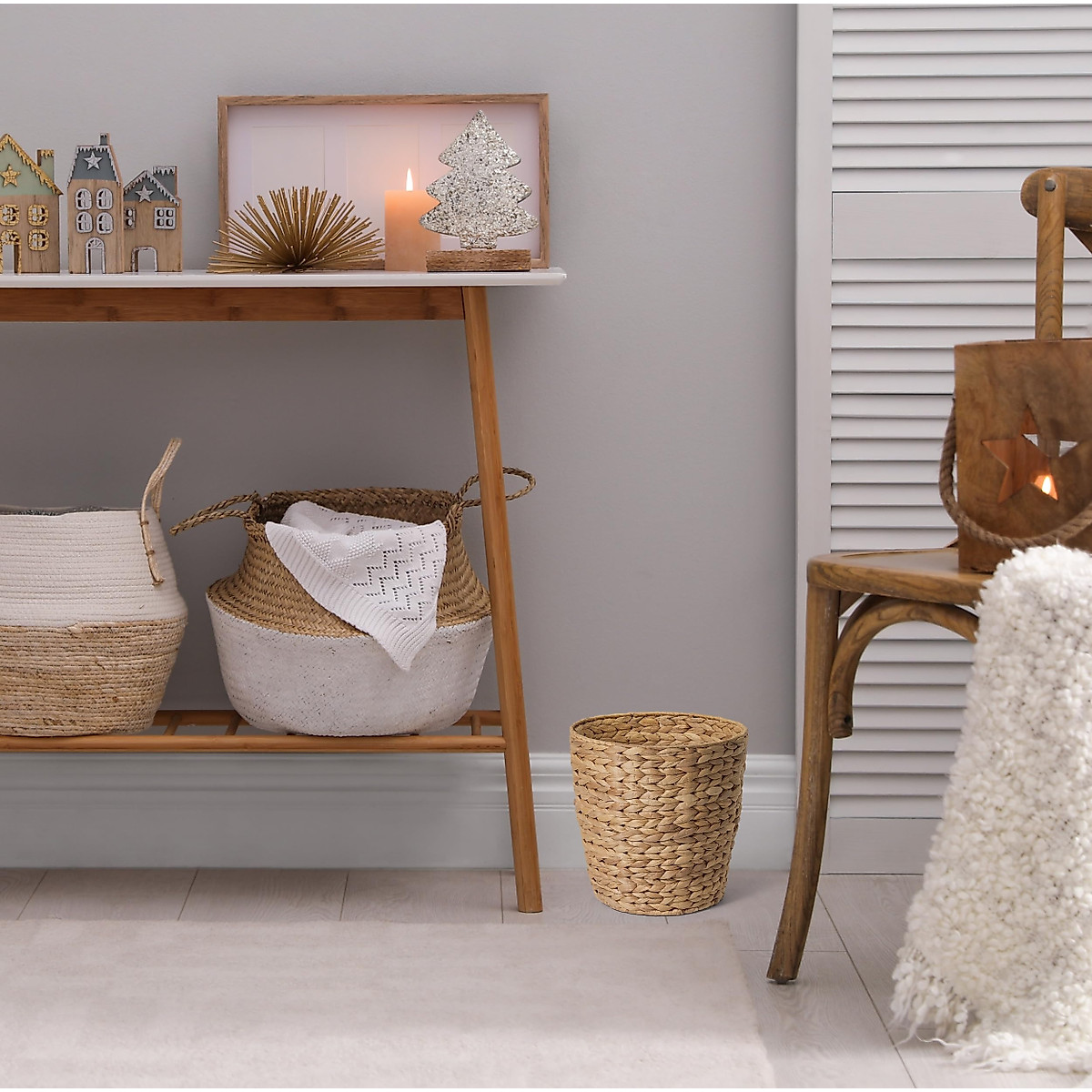 SNOWECRAFT 2-Pack Woven Waste Basket for Bathroom, Bedroom, or Living Room | Wicker Wastebasket Style Handwoven Basket Made from Water Hyacinth | Modern Boho Storage Basket