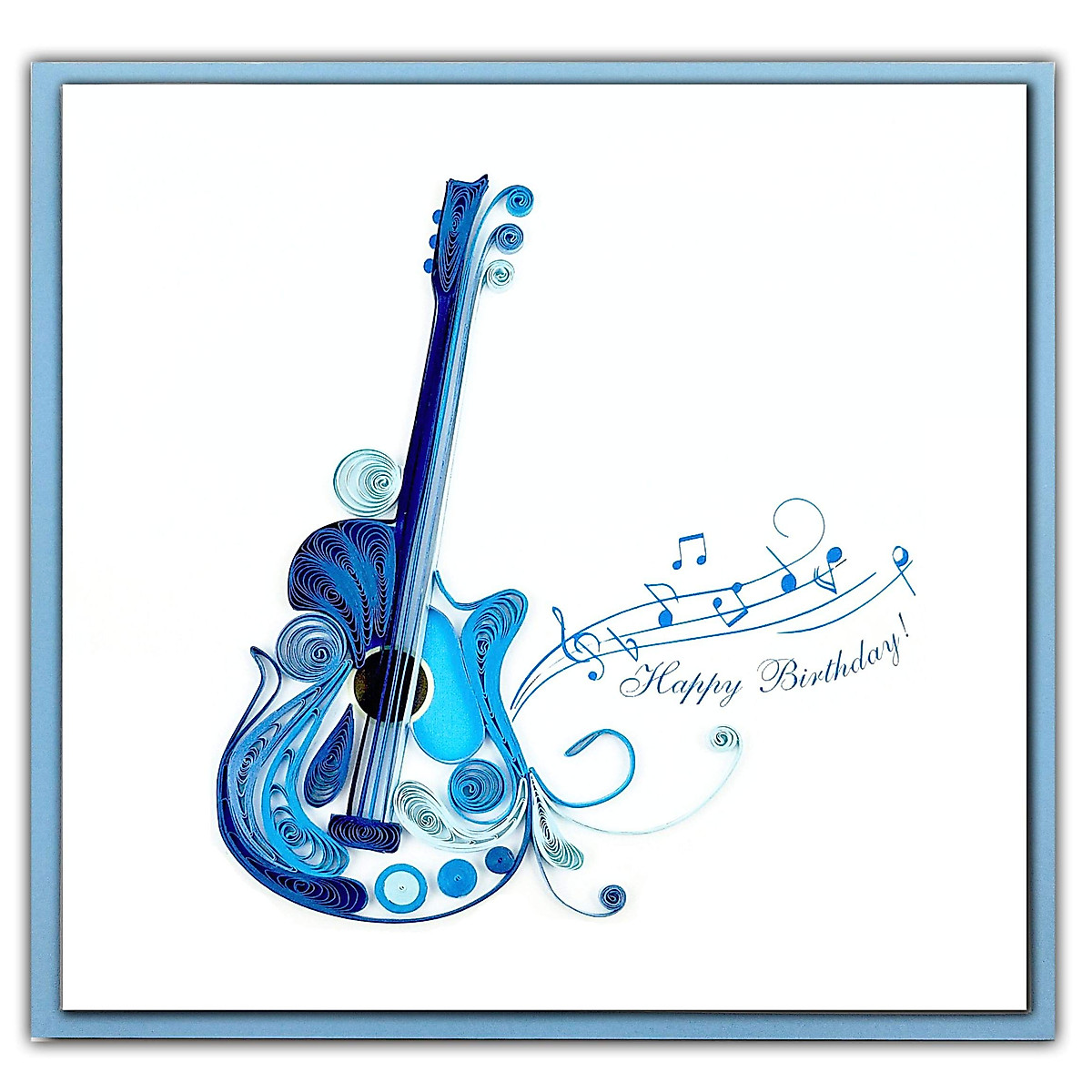 Blue Guitar with "Happy Birthday" Quilling Greeting Card, 6x6" with Envelope. Blank Inside. Hand-made. Suitable for Framing.