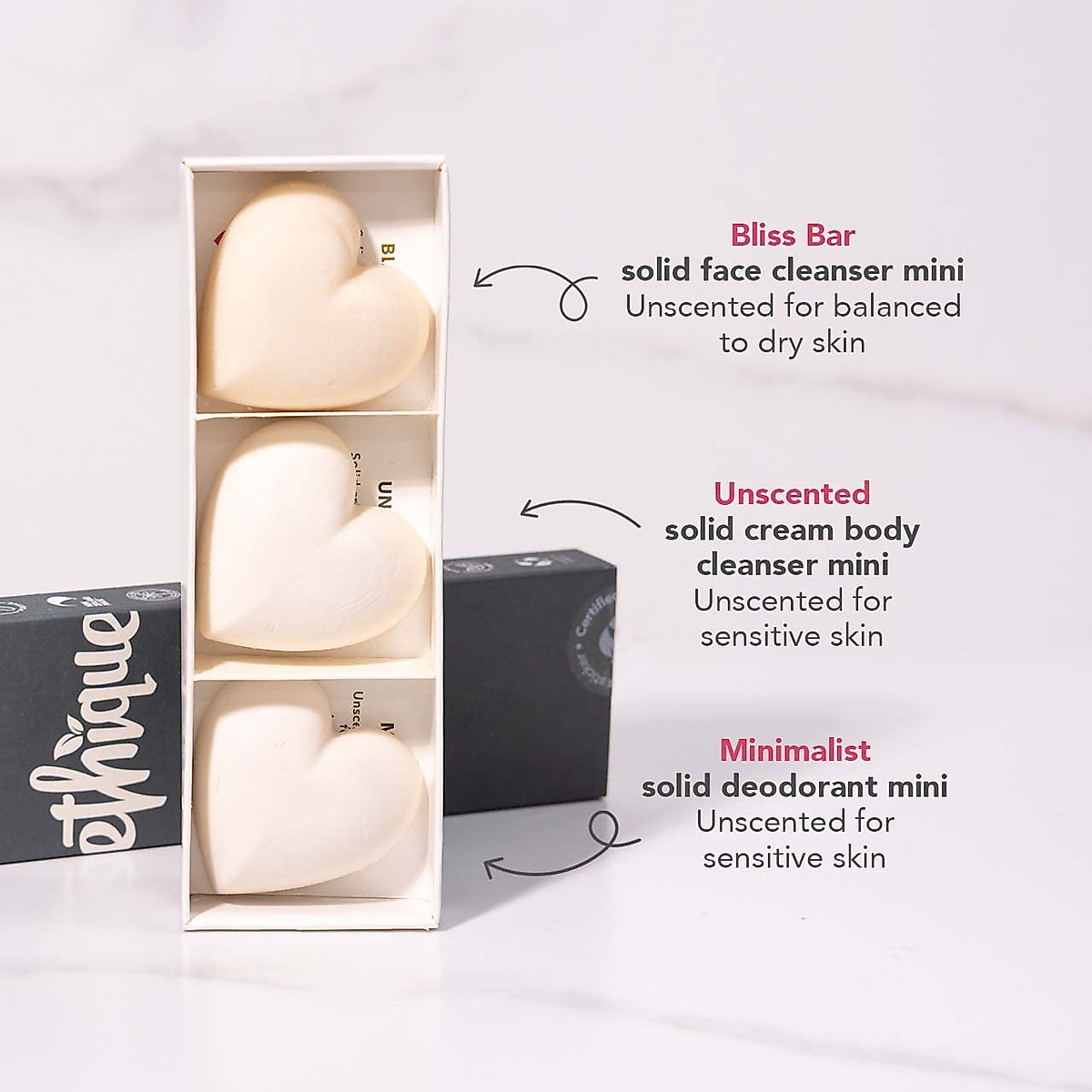 Ethique Unscented Gift Set- Face Cleanser, Body Cleanser & Deodorant, Gifts for women - Plastic-Free, Vegan, Cruelty-Free, Eco-Friendly, 3 Travel Bars, 1.59 oz (Pack of 1)