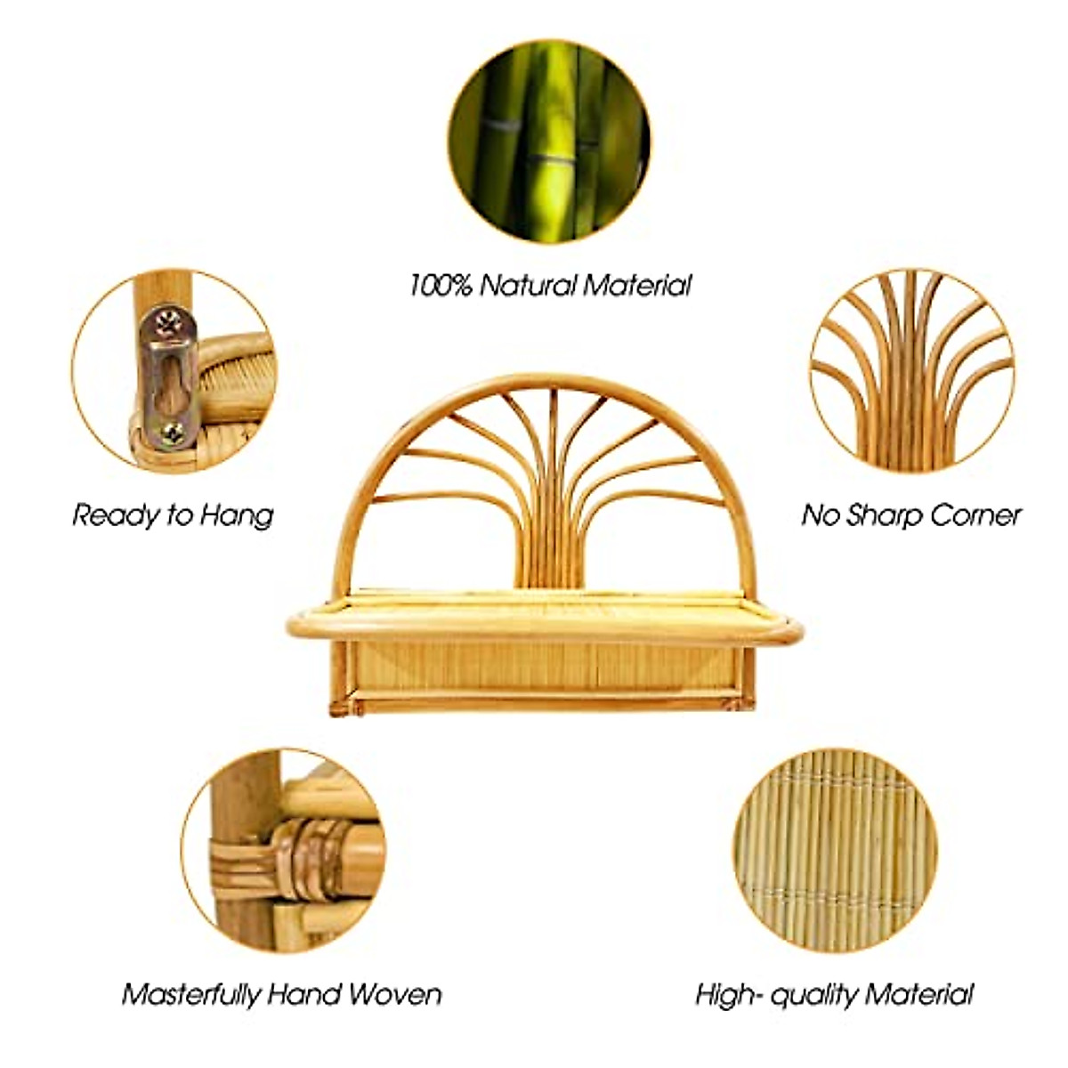 T'Furni Rattan Wall Shelf for Living Room Kitchen Wall Decor - Natural Rattan Floating Shelves - Semicircular Shelf Wall Decor - Natural Hanging Book - Wall Shelf with Storage