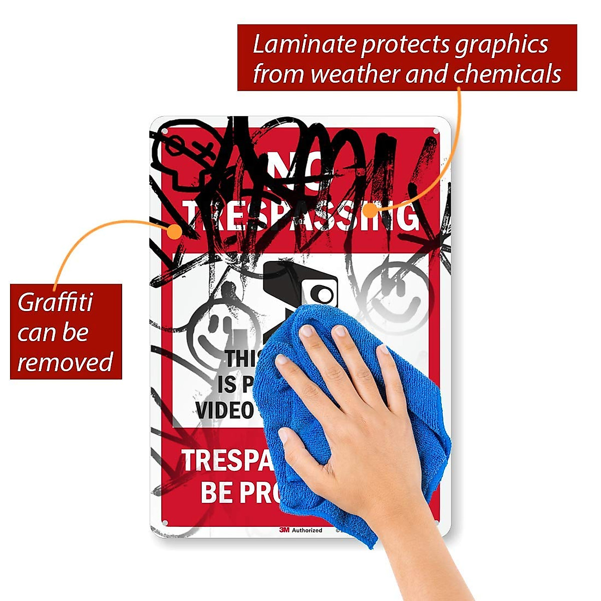 SmartSign 14 x 10 inch “No Trespassing - Property Protected by Surveillance, Trespassers Prosecuted” Metal Sign, 40 mil Aluminum, Engineer Grade Reflective Material, Red, Black and White