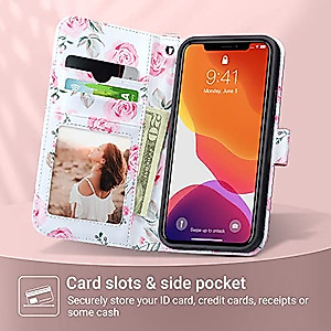 ULAK Compatible with iPhone 12 Wallet Case for Women, Premium PU Leather iPhone 12 Pro Flip Cover with Card Holder, Wrist Strap, Kickstand Shockproof Phone Case for iPhone 12/12 Pro 6.1, Rose Flower