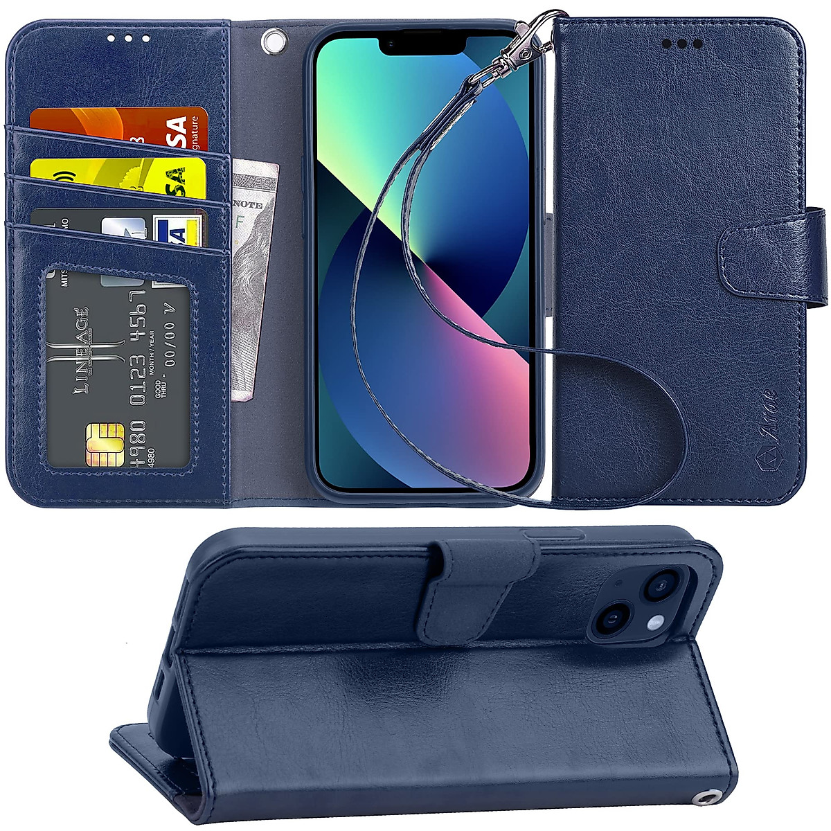 Arae Compatible with iPhone 13 Case with Card Holder and Wrist Strap Wallet Flip Cover for iPhone 13 6.1 inch-Blue