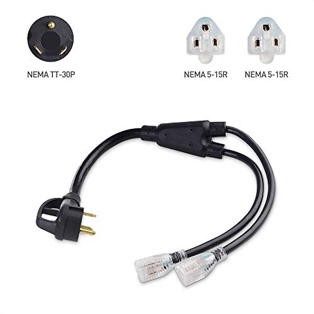 Cable Matters LED-Lit 3 Prong 30 Amp to 15 Amp Adapter for Generator (30 AMP to 110 Adapter Splitter) 2.5 Feet - NEMA TT-30P to 2X 5-15R