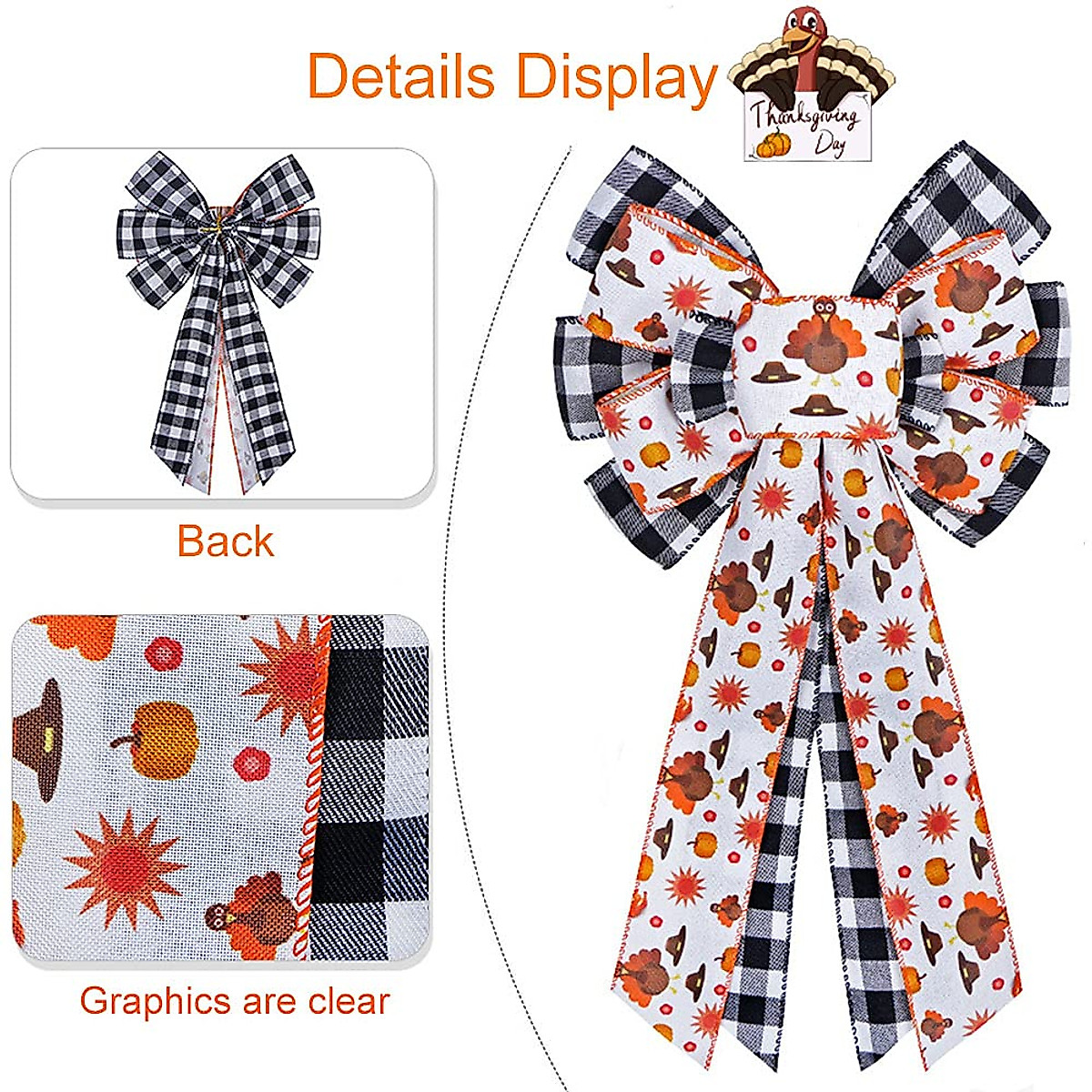 Fall Wreath Bows, Autumn Bow Black White Buffalo Plaid Turkey Wreath Bow for Fall Bows Knot Thanksgiving Dinner Party Fireplace Christmas Halloween Home Garden Party Decor