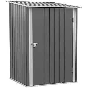 Outsunny 3.3' x 3.4' Lean-to Garden Storage Shed, Small Outdoor Galvanized Steel Tool House with Lockable Door for Patio, Backyard, Lawn, Gray
