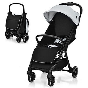 HONEY JOY Lightweight Baby Stroller, Compact Travel Stroller for Airplane, Fits Airplane Cabin & Overhead, One-Hand Gravity Fold, Self-Standing Toddler Stroller w/Adjustable Backrest/Canopy(Gray)