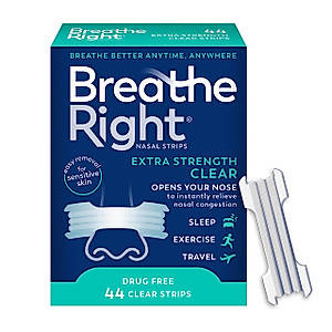 Breathe Right Nasal Strips | Extra Strength | Clear | For Sensitive Skin I Drug-Free Snoring Solution & Nasal Congestion Relief Caused by Colds & Allergies | 44 Count (Packaging May Vary)