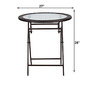 Patio Rattan Steel Folding Bistro Set, All Weather Resistant Wicker, 3 PCS Set of Foldable Garden Table with Top Glass and Chairs with Arms