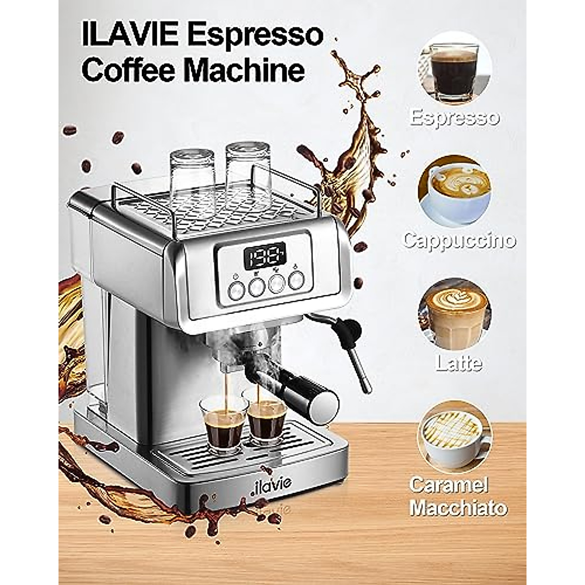 ILAVIE 20 Bar Espresso Machine, Stainless Steel Espresso Coffee Machine for Cappuccino, Latte, Espresso Maker for Home, Automatic Espresso Machine with Milk Steamer, 1.8L Water Tank, 1350W