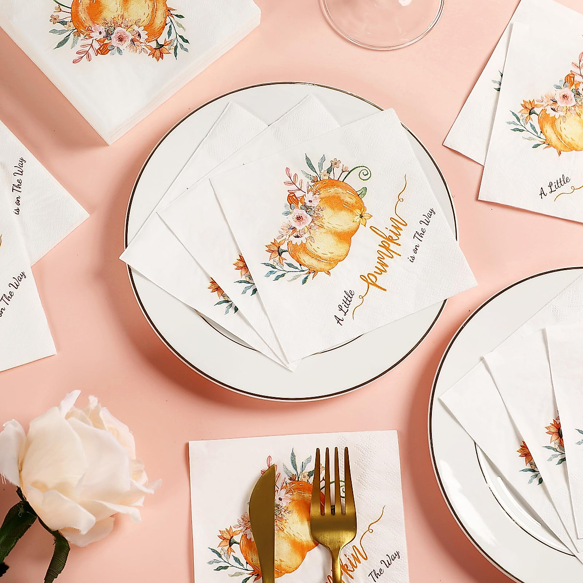 50 Pack A Little Pumpkin is On The Way Disposable Paper Napkins Little Pumpkin Baby Shower Disposable Hand Towel Pumpkin Guest Napkin for Boys Girls Party Supplies for Baby Shower Gender Reveal Party