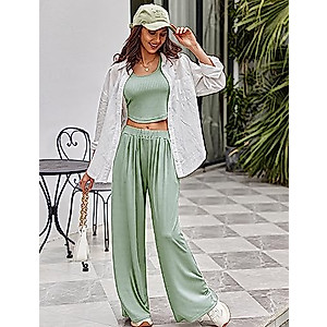 Ekouaer Lounge Sets Womens Pajama Set Short Sleeve Crop Top Loose Wide Leg Pants Casual Loungewear Set,Light Green,L