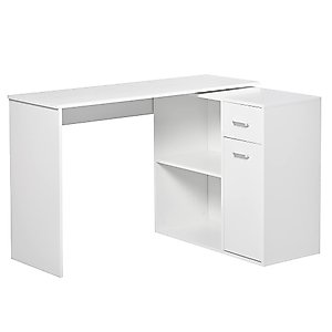 HOMCOM L Shaped Computer Desk, 180° Rotating Corner Desk with Storage Shelves, Drawer and Cabinet, Study Workstation for Home Office, White