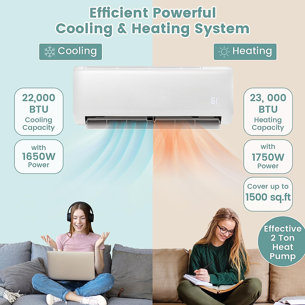 ARLIME Mini Split AC/Heating System, 24000 BTU 21 SEER2 Energy Saving Split Air Conditioner w/ 1.5 Ton Heat Pump & Installation Kit, Washable Filter, Ductless AC Unit Cools Up to 1500 Sq.ft, 230V