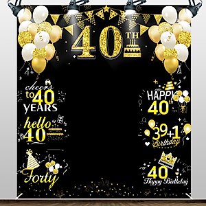 Large 40th Birthday Decorations 40th Birthday Banner Photography for Men Women, Black Gold Funny Cheers to 40 Years Birthday Party Supplies, Hello Forty Bday Photo Booth for Indoor Outdoor(79x71inch)
